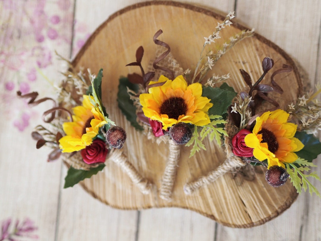 Rustic Sunflower Wedding Boutonniere Set, Fall Wedding Buttonholes Burlap Acorn Mini Roses ...