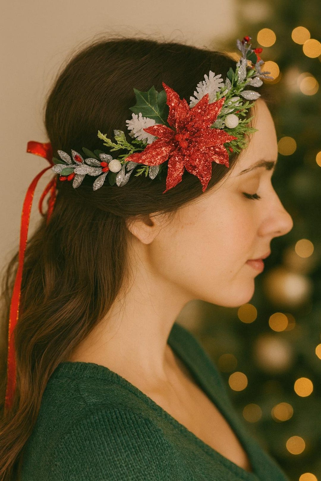 Christmas Poinsettia Flower Crown – Glitter Winter Tiara for Girls ...