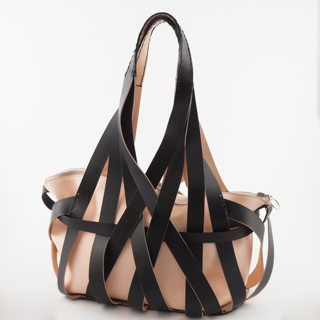 Leather Cage Bag Black and Nude Bag Handmade Large Leather Bag Shoulder ...