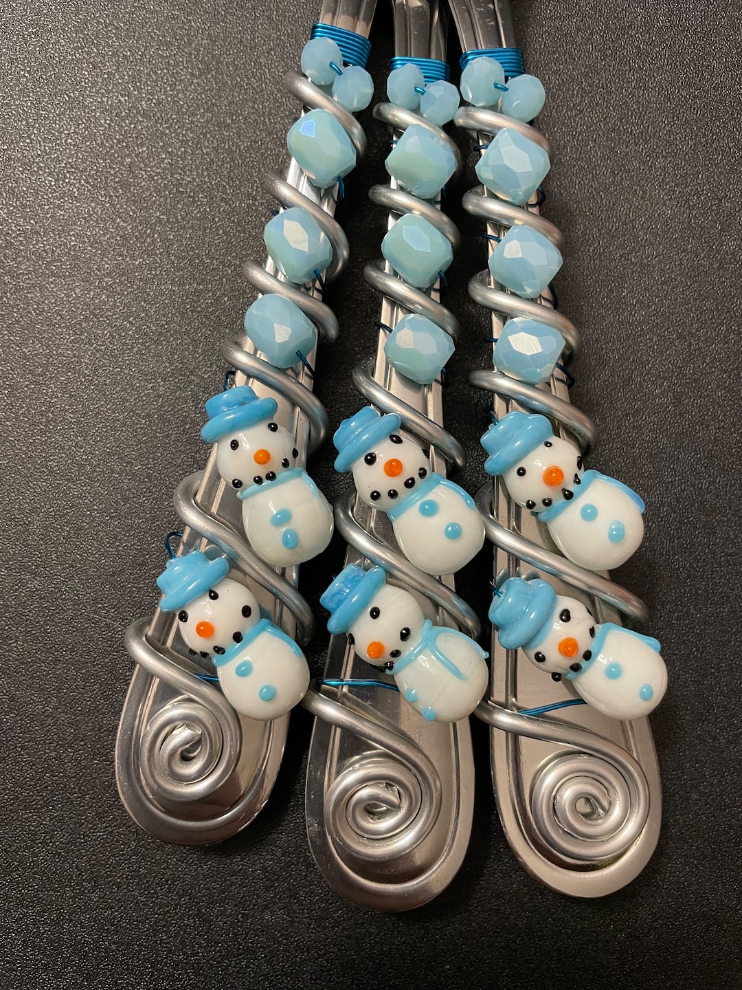 Teal Snowman Snowmen With Blue Wire 3 Piece Beaded Oversized Serving ...