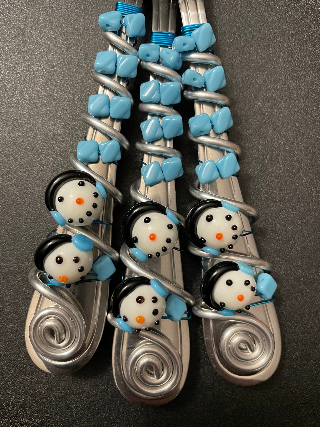 Teal Snowman Snowmen Heads With Blue Wire 3 Piece Beaded Oversized ...