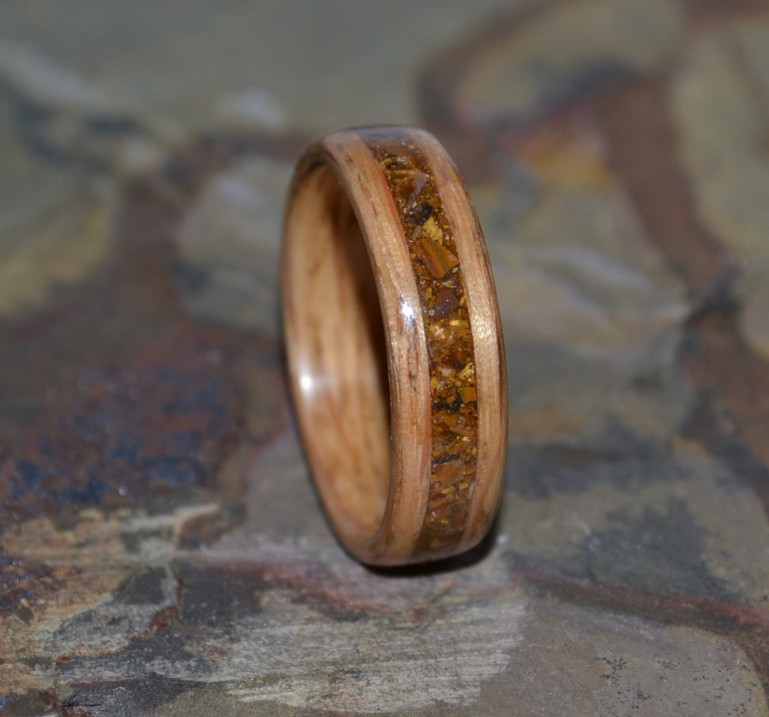 Oak Wooden Handcrafted Ring With Crushed Tigers Eye Inlay - Etsy