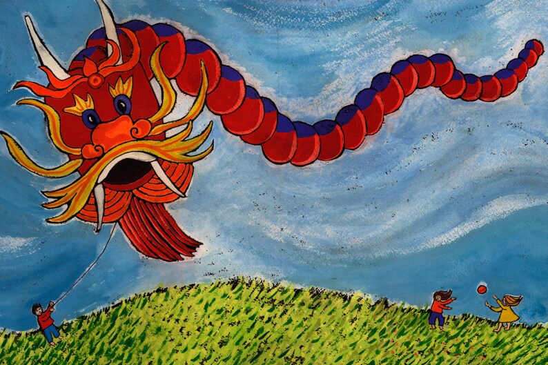 Chinese Lion Kite Children's Illustration Digital Wall Art Giclée Print ...