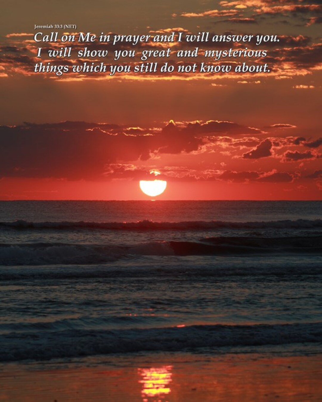 Red Sunrise Over the Ocean Scripture Art Photo - Jeremiah 33:3 NET With ...