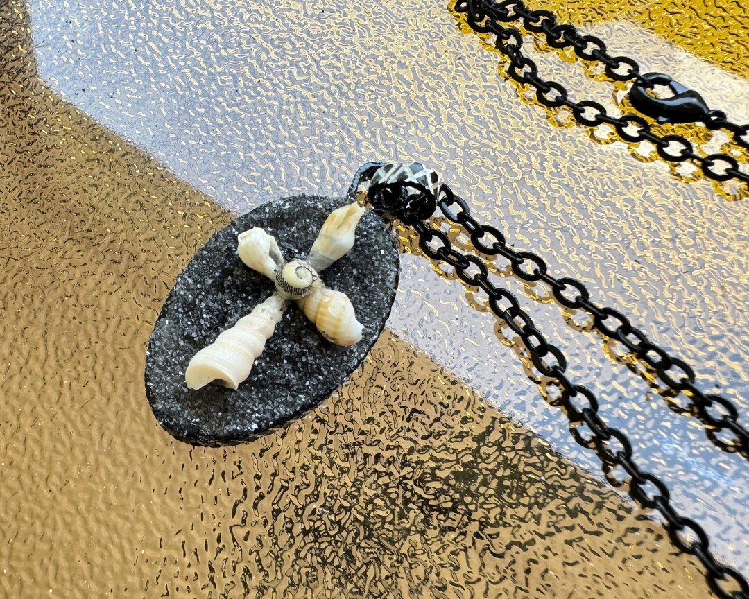 Seashell Cross on Black Sparkling Sand, Christian Shell Cross Pendant ...
