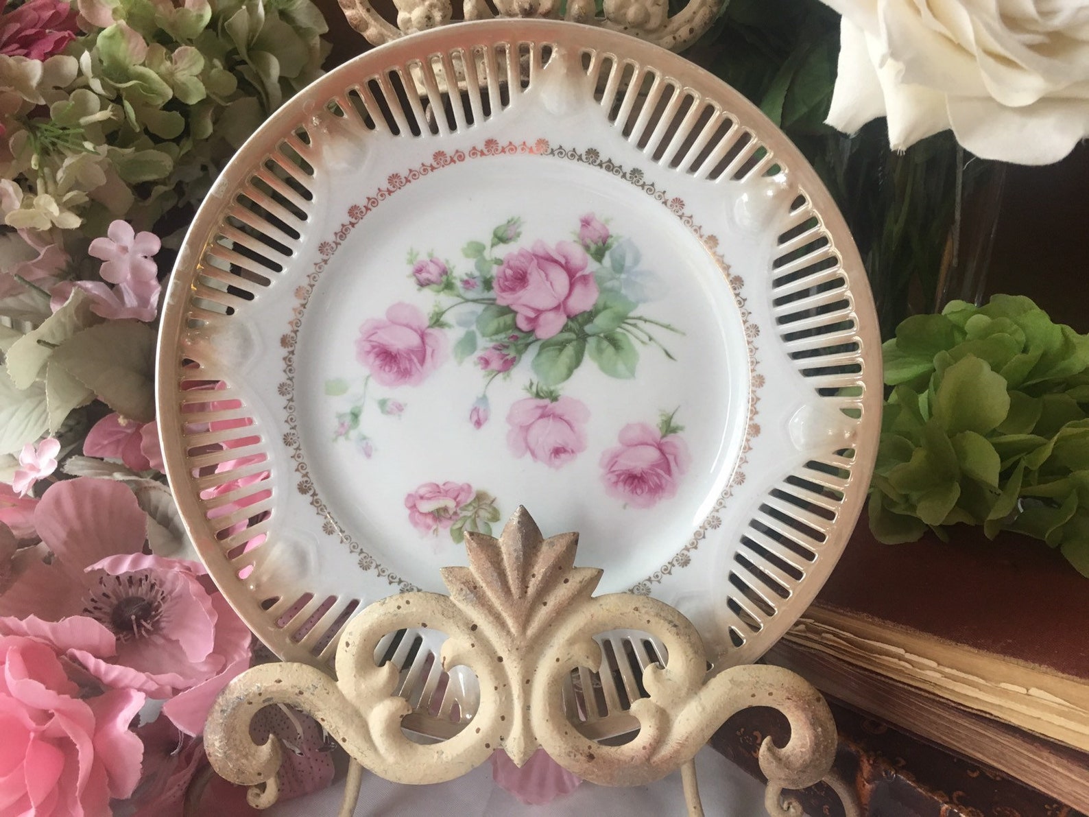 Antique Porcelain Pink Roses Plate Iridescent Luster Reticulated - Etsy