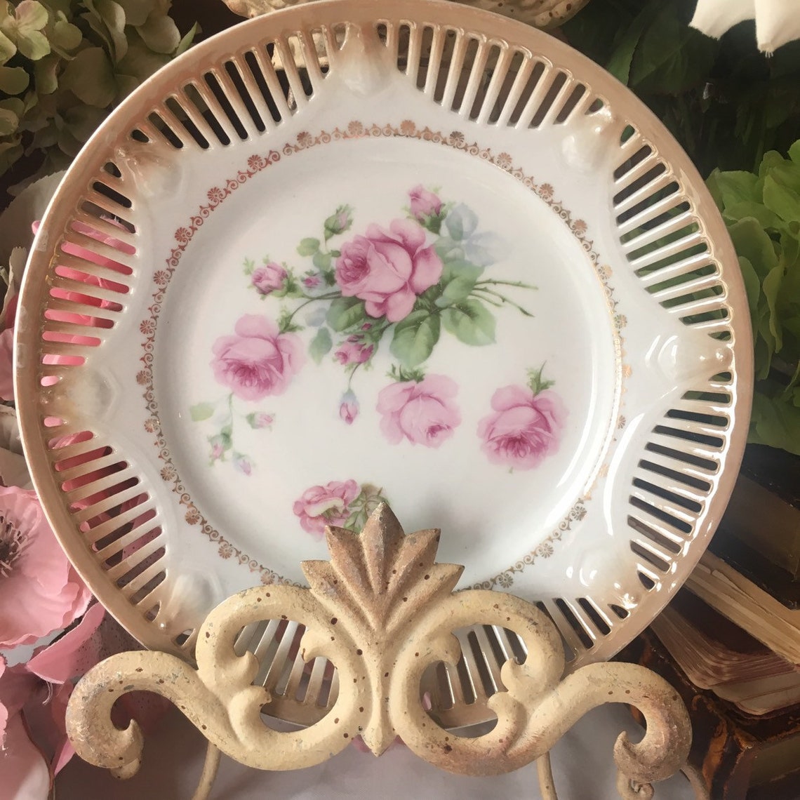 Antique Porcelain Pink Roses Plate Iridescent Luster Reticulated - Etsy