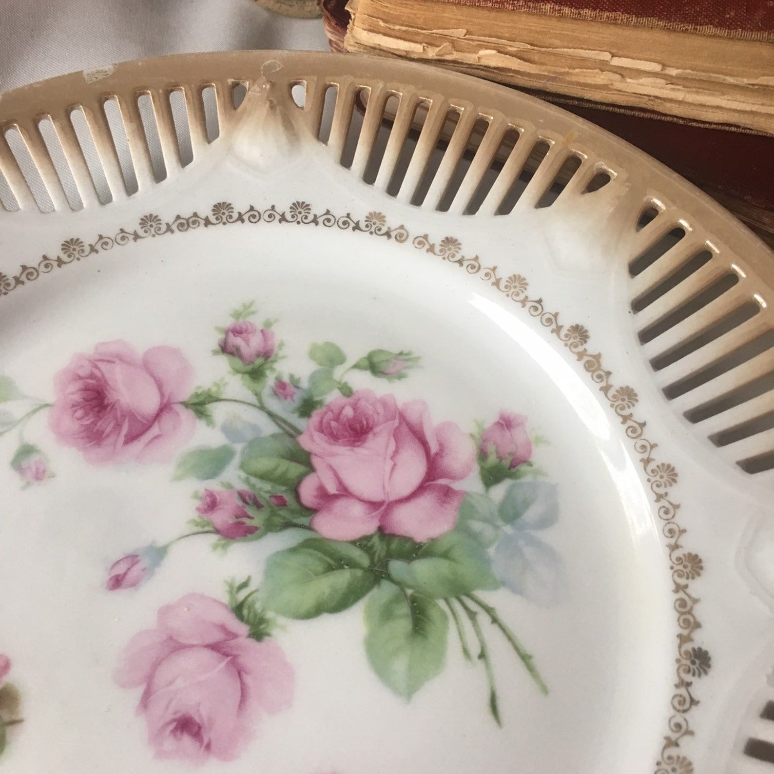 Antique Porcelain Pink Roses Plate Iridescent Luster Reticulated - Etsy