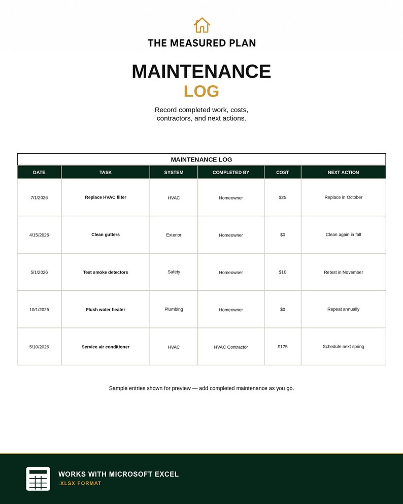 Home Maintenance Tracker Spreadsheet | Service Log & Homeowner Planner ...