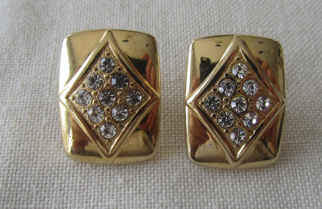 Vintage Gold Tone Rectangular Pin Earrings With Rhinestones - Etsy