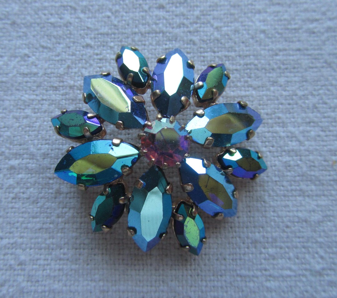 Vintage Small Flower Brooch With Blue and Pink Rhinestones - Etsy