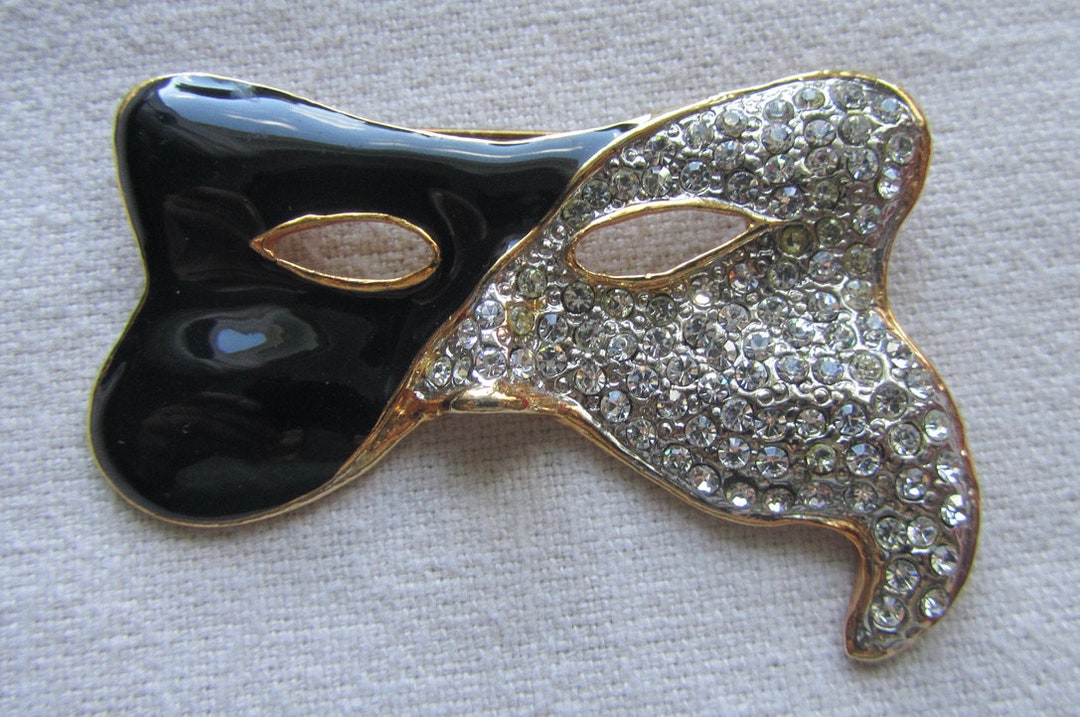 Vintage Gold Tone and Black Enamel Mask Brooch With Rhinestones - Etsy