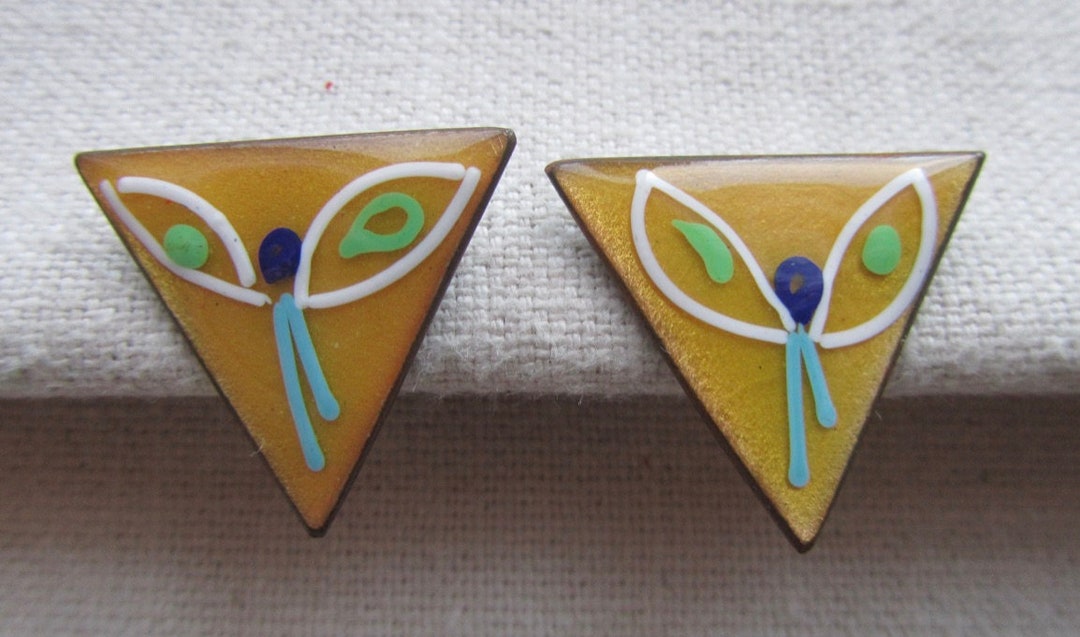 Vintage Enamel on Copper Triangle Shape Screw Back Earrings - Etsy