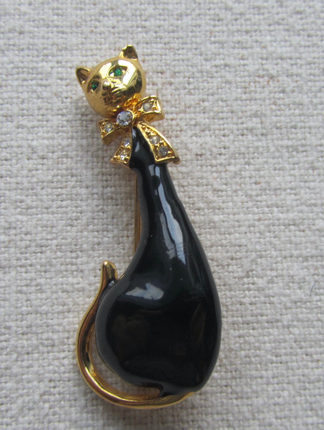Vintage Gold Tone Black Enamel Cat Brooch With Rhinestones Etsy