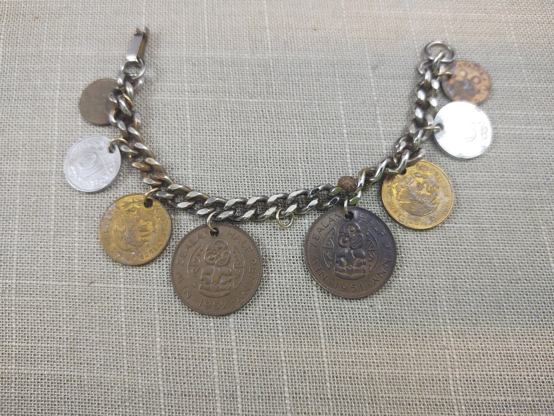 Coin Charm Bracelet Made With Actual Coins, Hinge Clip Clasp, Silver ...