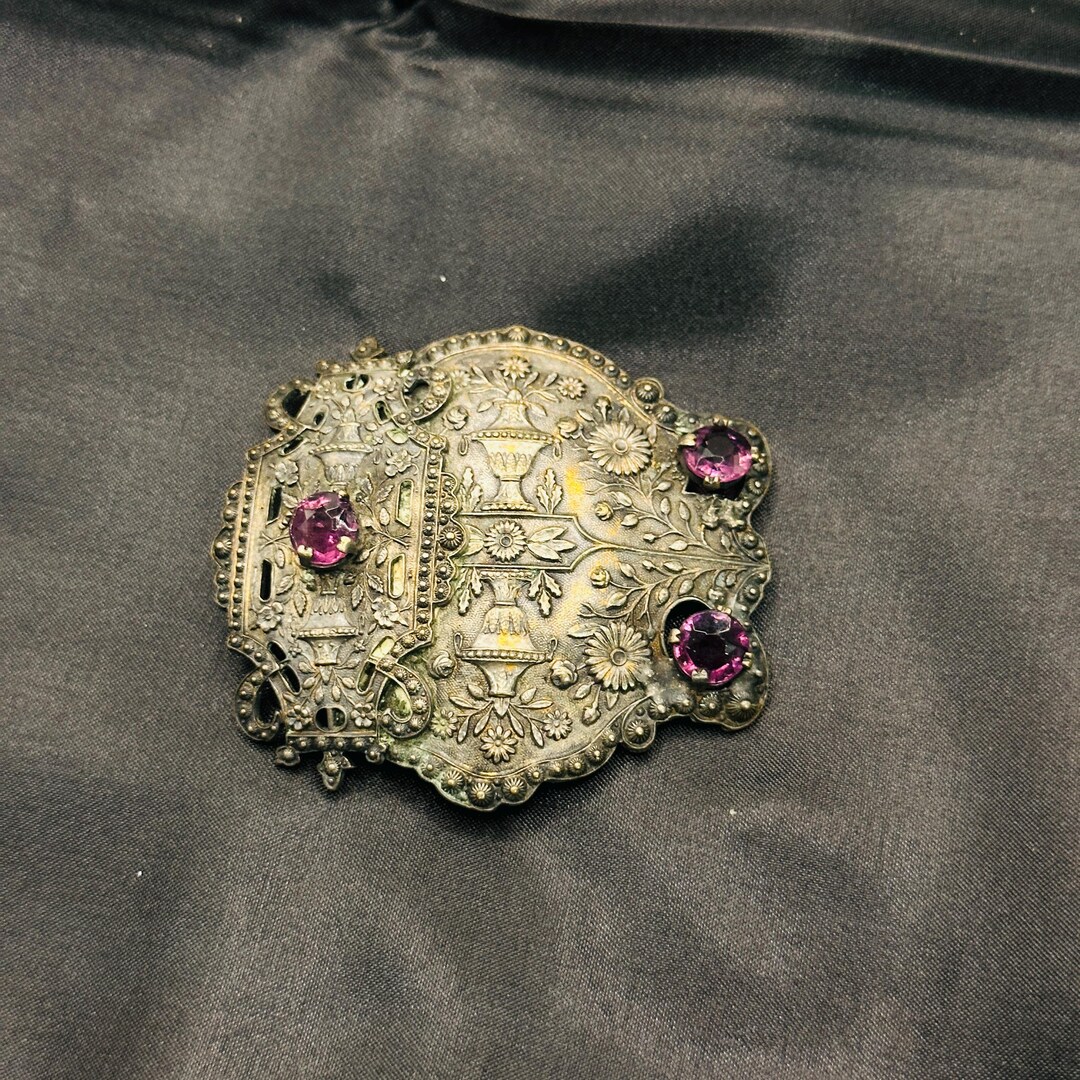 Antique Brass Belt Buckle With Purple Glass Stones, Detailed, Art ...