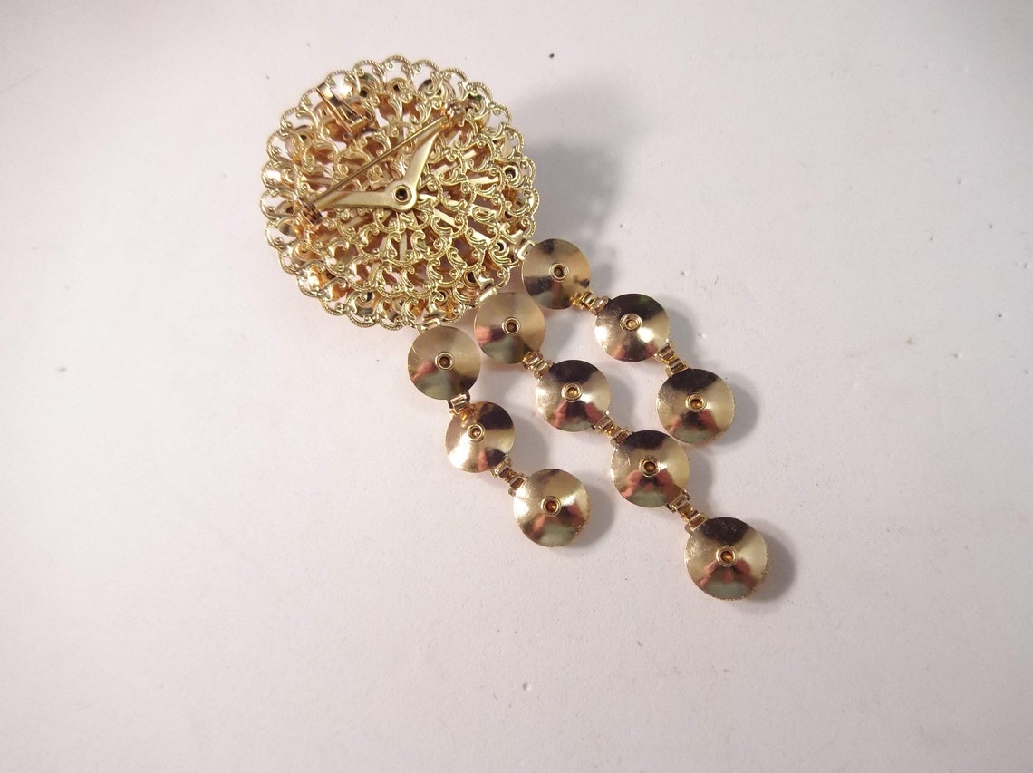 Colorful Layered Rhinestone Brooch With 3 Dangling Ends, Gold Tone ...