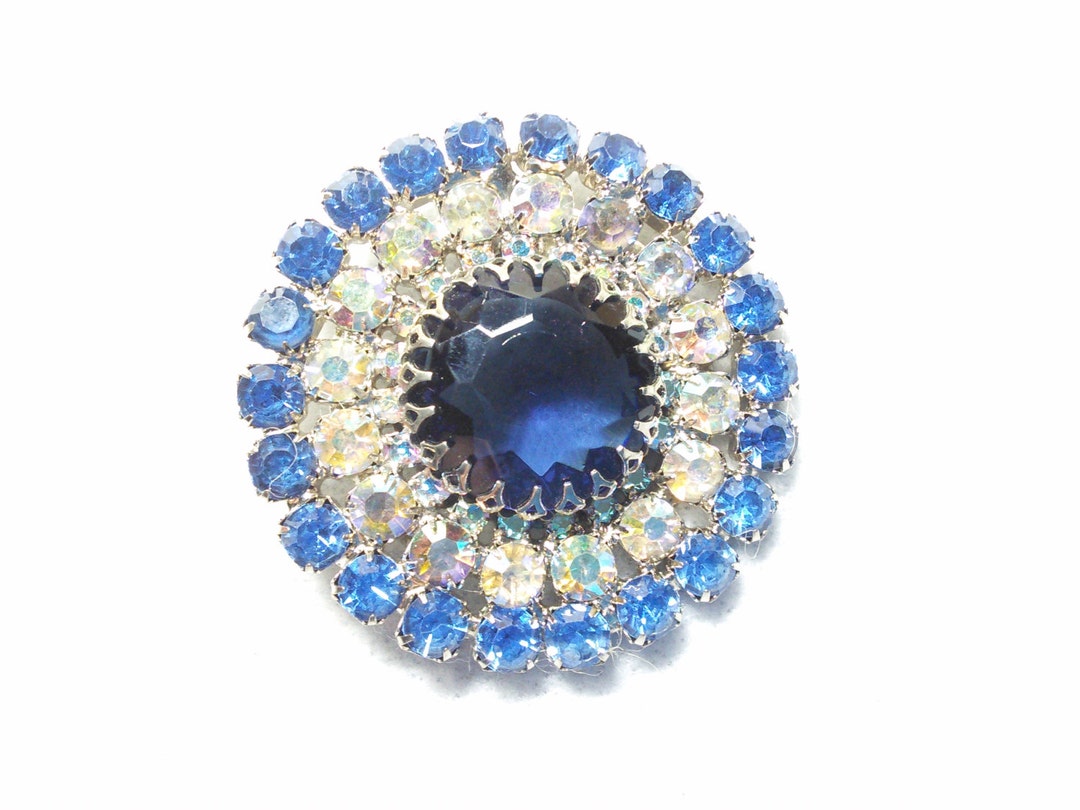 Gorgeous Large Round Rhinestone Brooch, Blue and AB Rhinestones ...