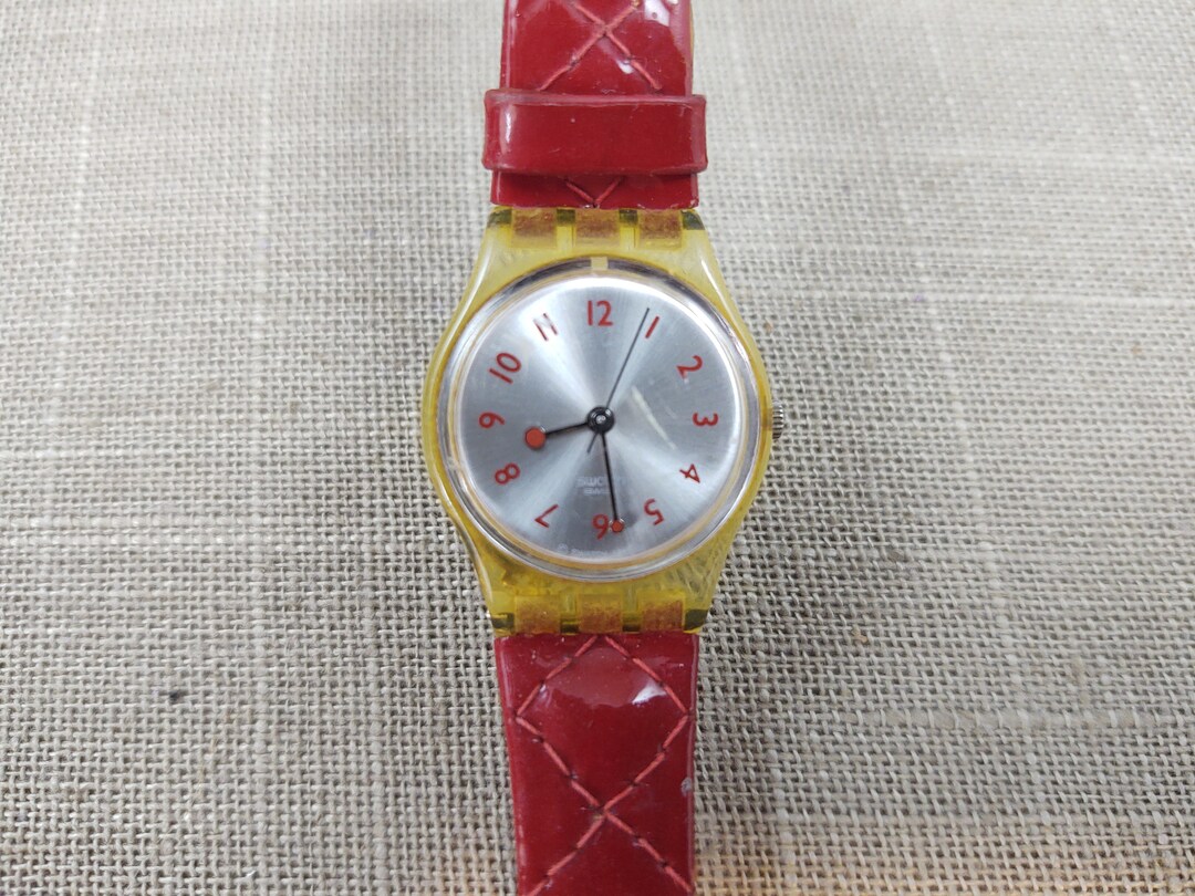 Red Ladies Swatch Watch, Clear Back, Silver Background, Red Numbers ...