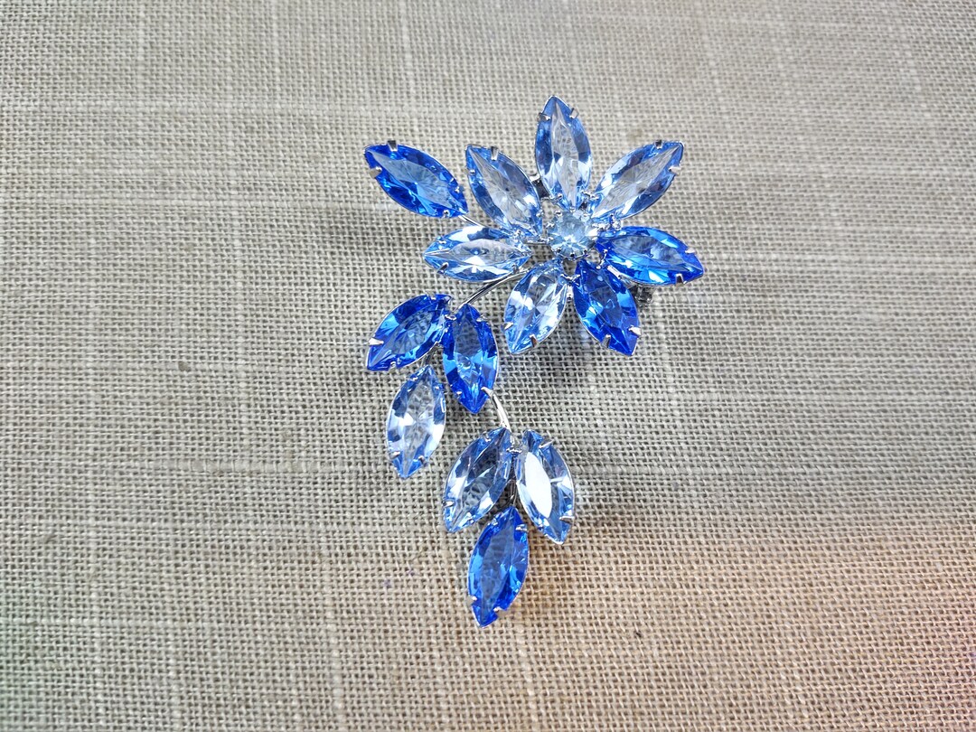 Shades of Blue Flower Brooch, Open Back Navettes, Silver Tone Metal ...