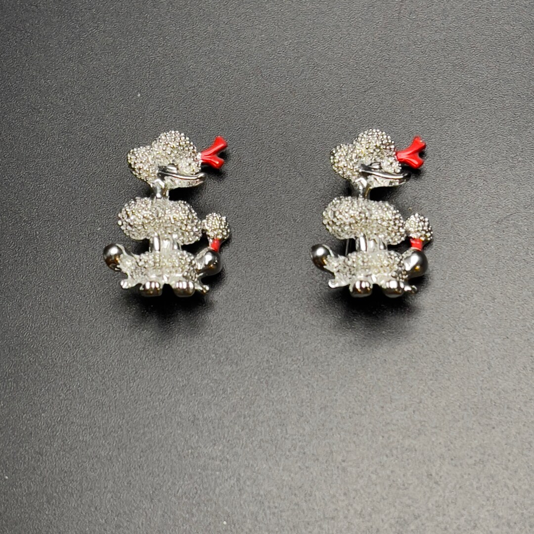 Set of 2 Matching Poodle Pins, Silver Tone With Red Accents, Unsigned ...