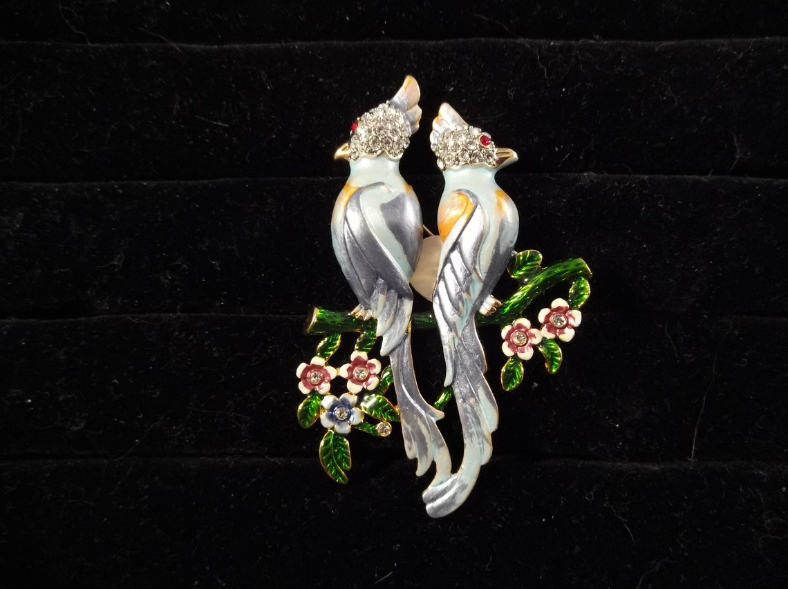 Two Birds on a Branch Brooch Colorful With Rhinestones Gold - Etsy
