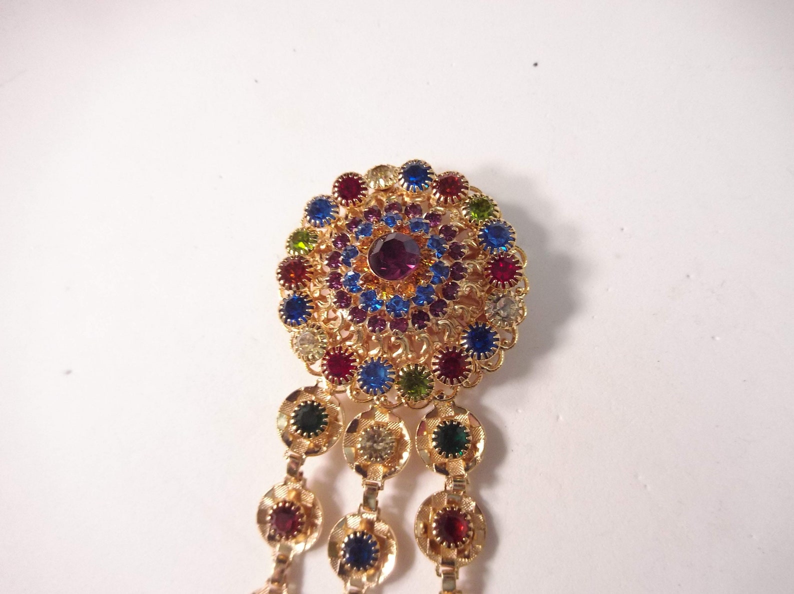 Colorful Layered Rhinestone Brooch With 3 Dangling Ends, Gold Tone ...