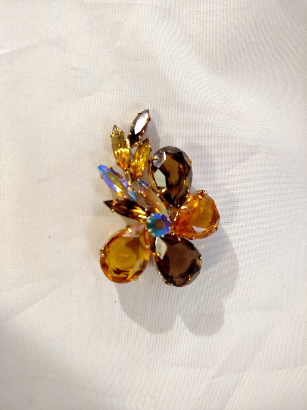 Amber Colored Rhinestones Brooch, Large Pear Shaped Stones, Gold Tone ...