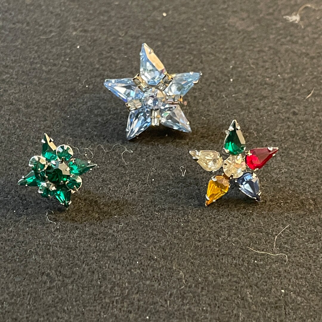 Set of 3 Rhinestone Star Scatter Pins, Blue Star by Weiss, Green and ...