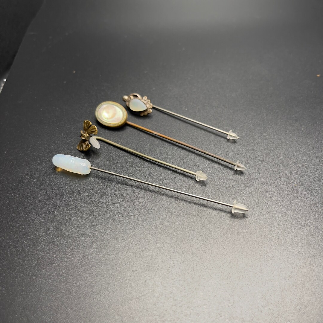 Set of 4 Stick Pins, Brass, Glass, MOP, One is a Butterfly, Pretty Set ...
