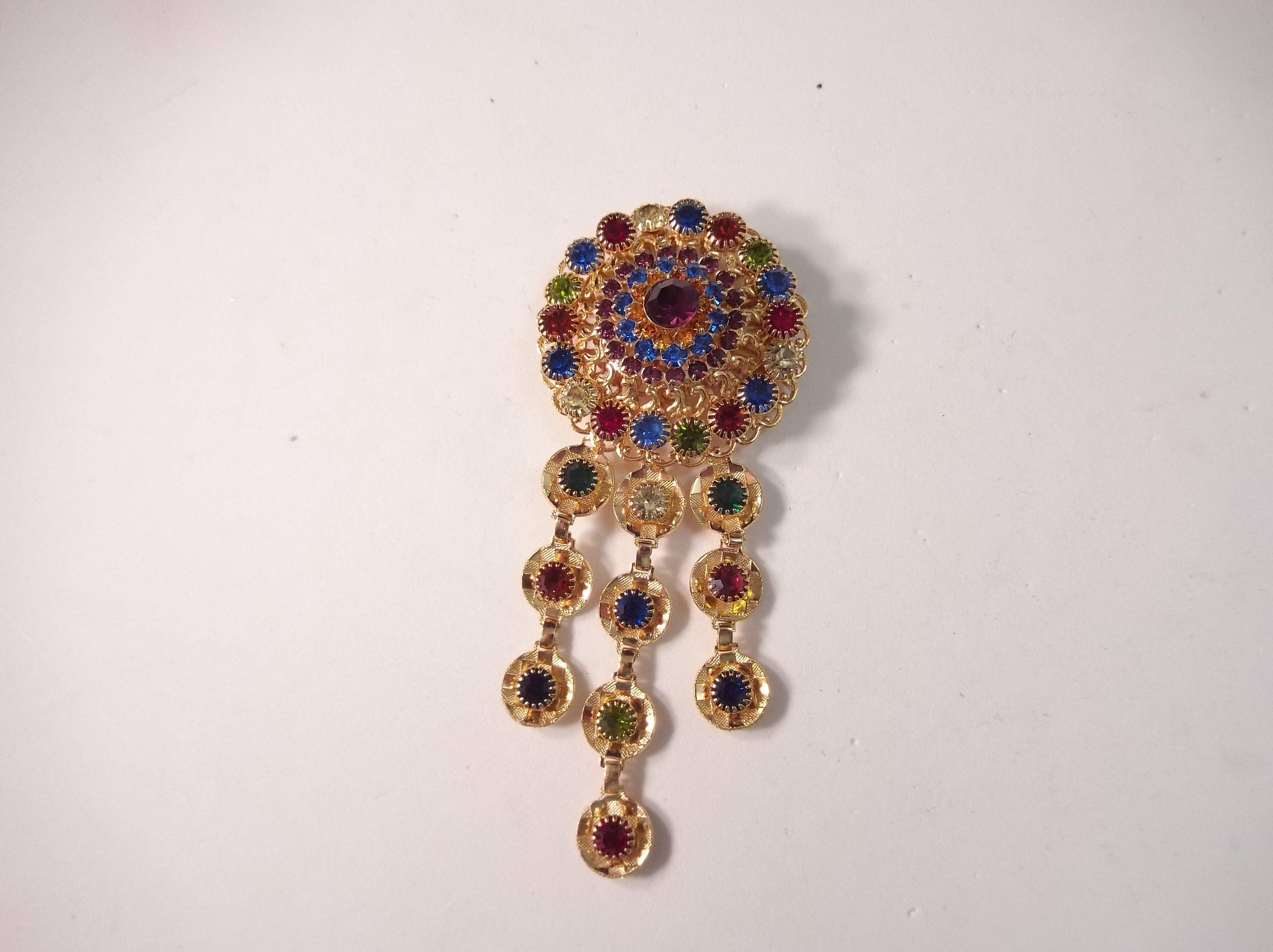 Colorful Layered Rhinestone Brooch With 3 Dangling Ends, Gold Tone ...
