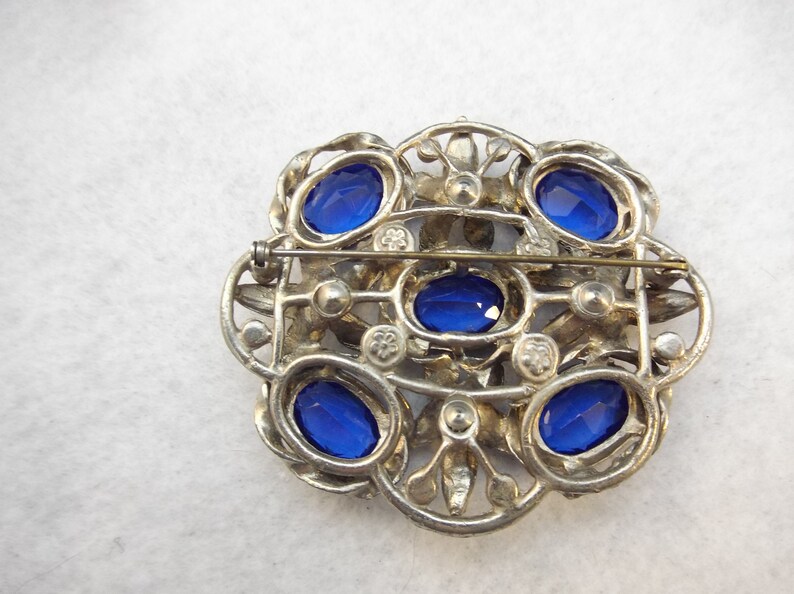 Extra Large Brooch, Flower Bouquet With Large Oval Blue Rhinestones ...