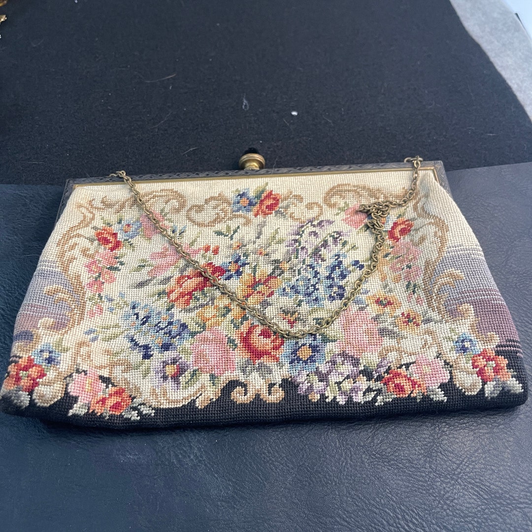 Petit Point Wristlet Made in Austria, Chain Strap, Floral Theme With ...