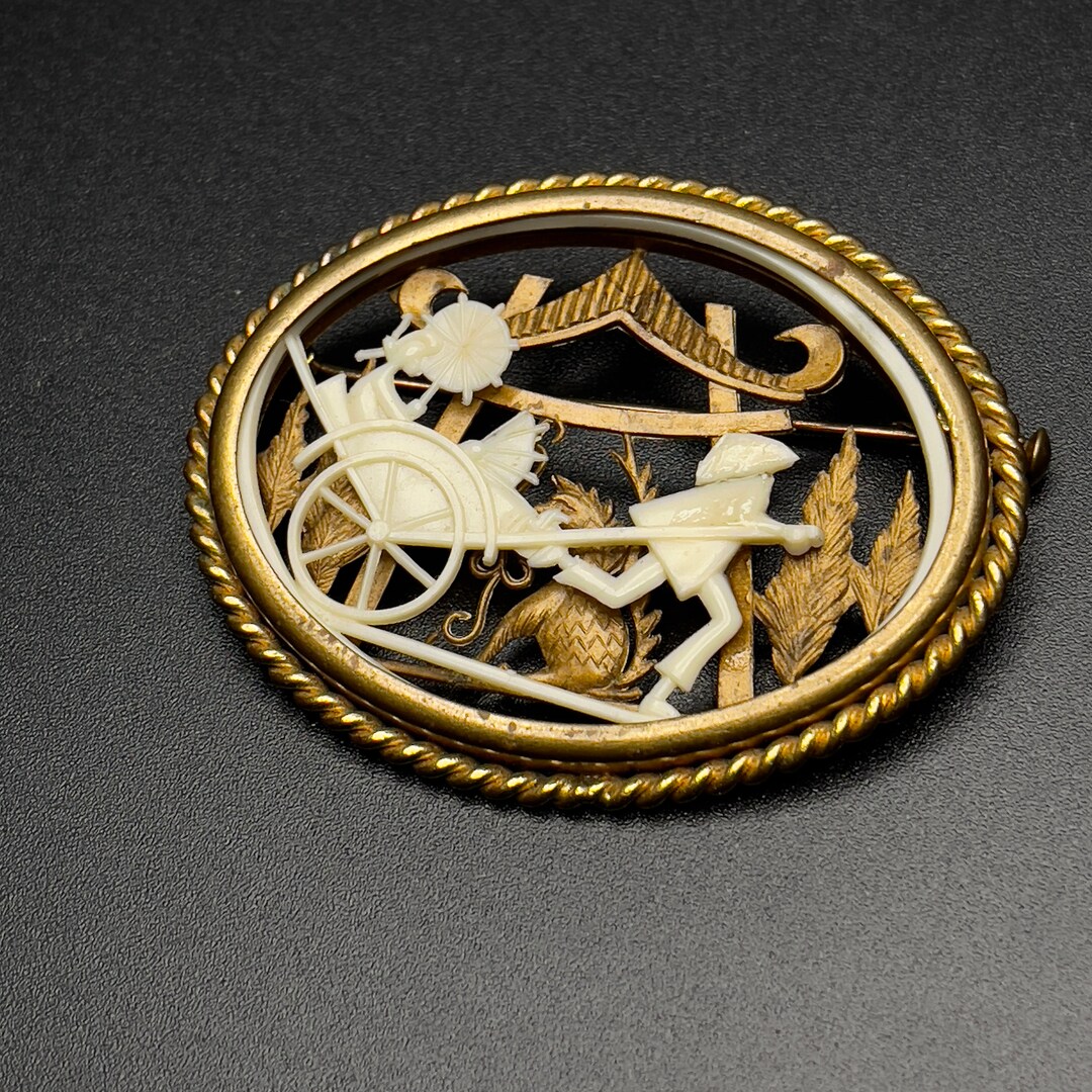 Depose France Oval Brooch, Antique, Celluloid, Two Panels, Asian Themed ...