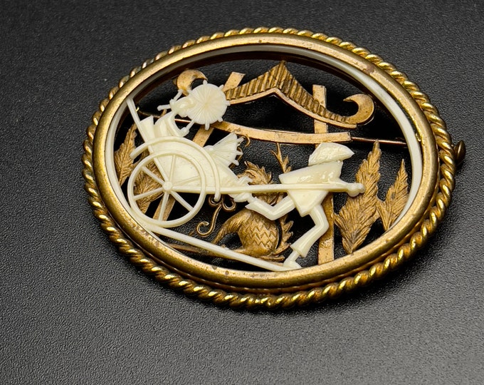 Depose France Oval Brooch, Antique, Celluloid, Two Panels, Asian Themed ...
