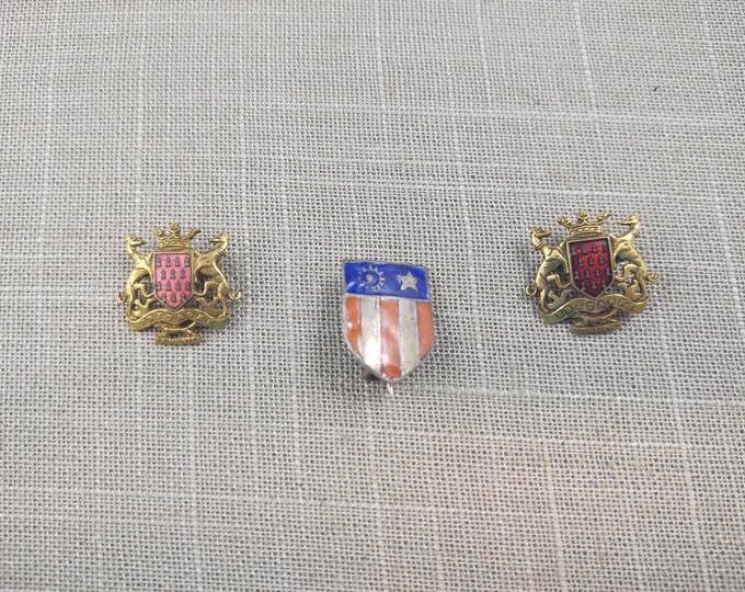 Set of 3 Small Heraldic Pins, Coat of Arms, Shields, Reds and Blues ...