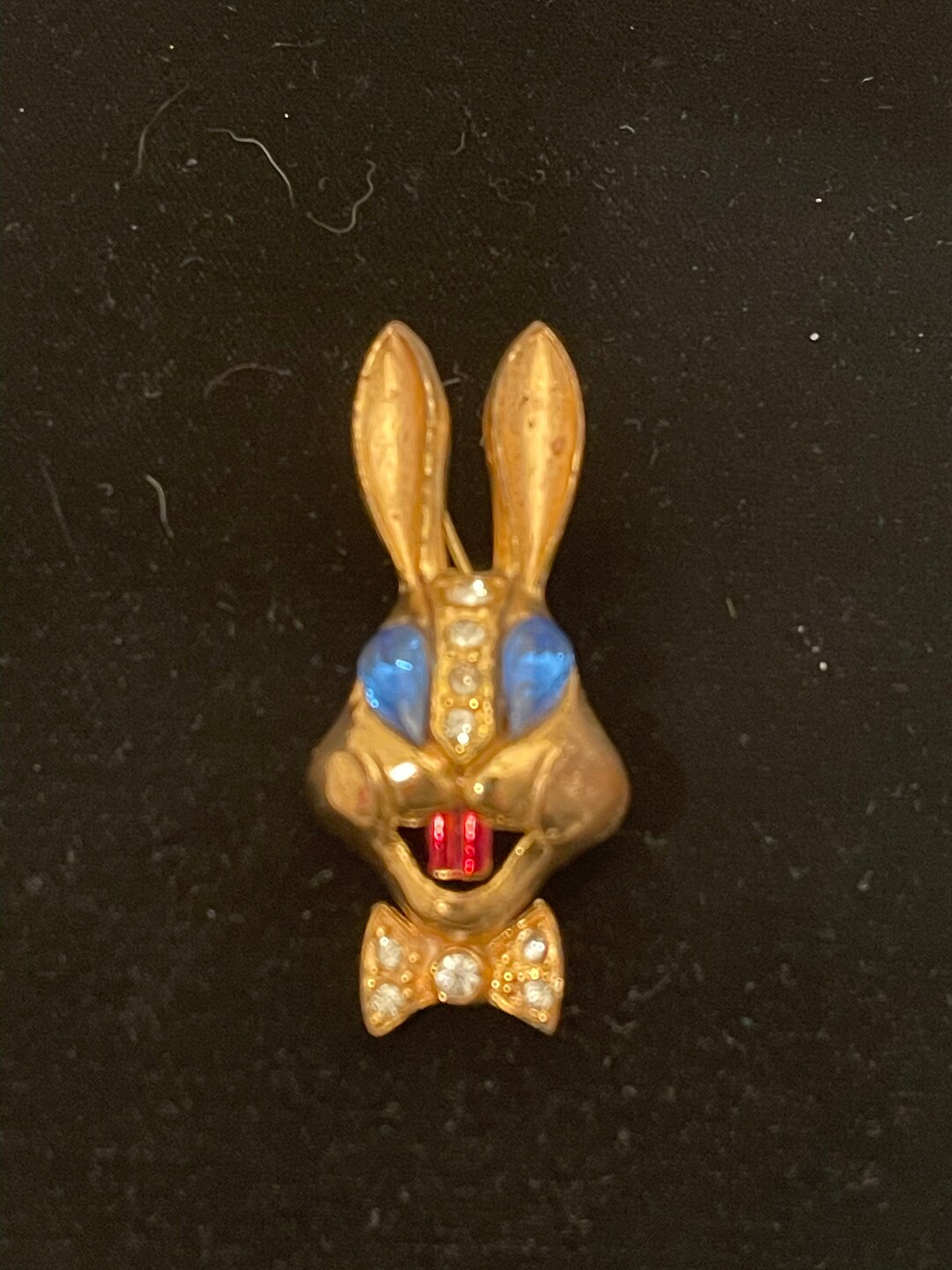 Vintage Rabbit, Hare Pin, Gold Tone Metal, Clear Round and Blue ...