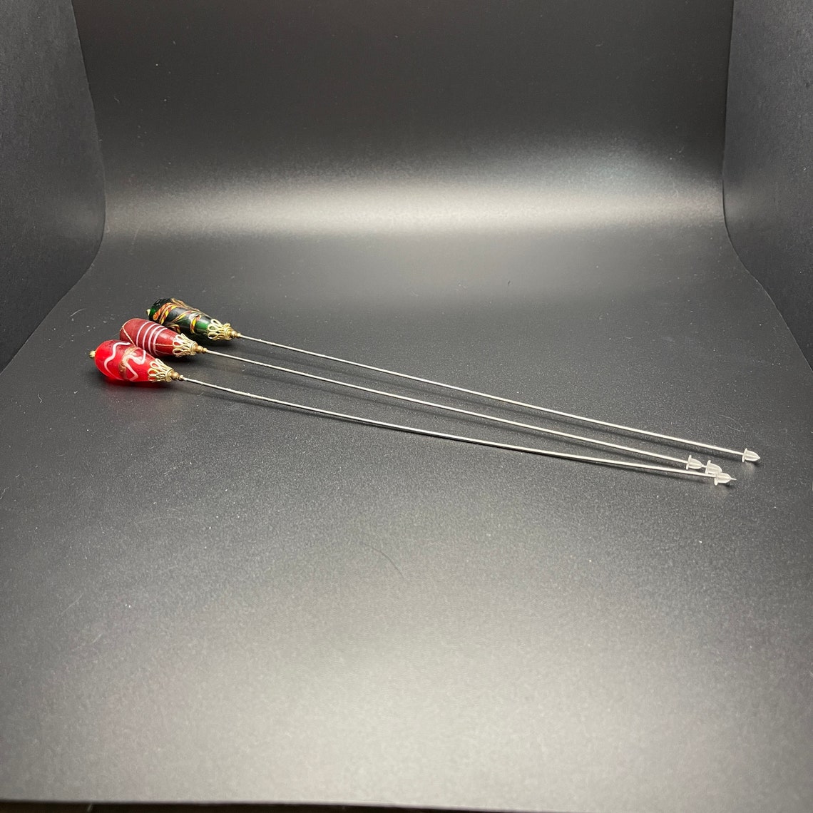 Three Long Hat Pins, Venetian Glass, Two Red and One Green, With White ...