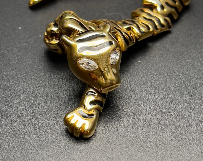 Tiger Shoulder Pin, Articulated, Gold Tone Metal, Black Enamel, Clear ...