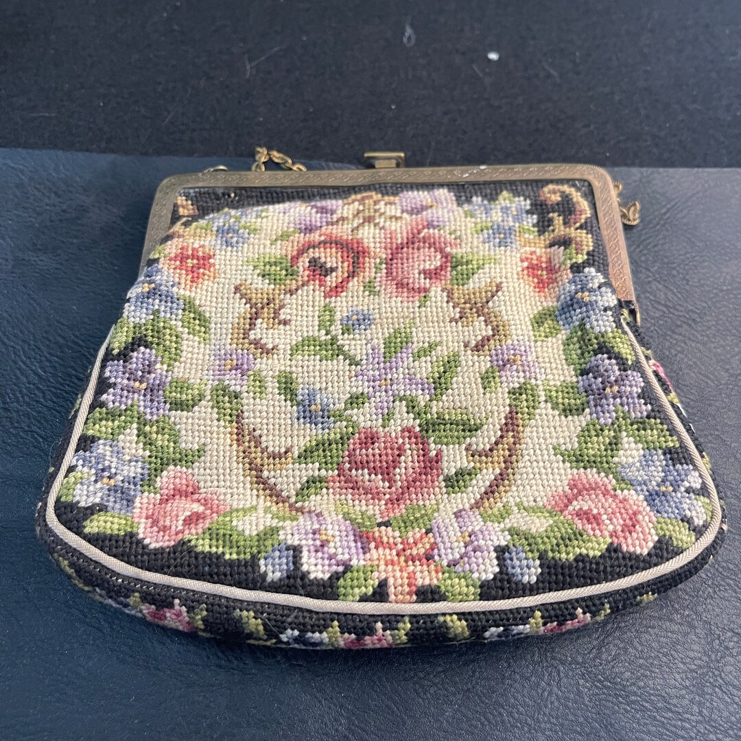 Petit Point Purse, Shades of Pink Roses on a Tan and Black Background ...