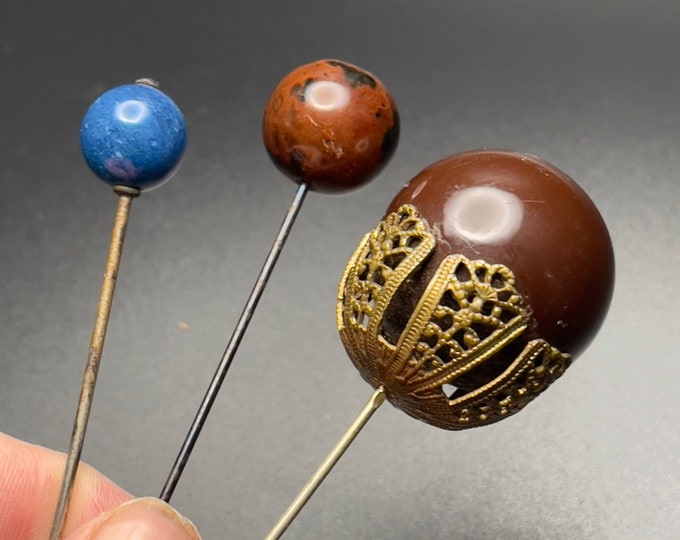 Set of 3 Long Hat Pins, Round Glass Tops, Brown, Blue and One Brown and ...