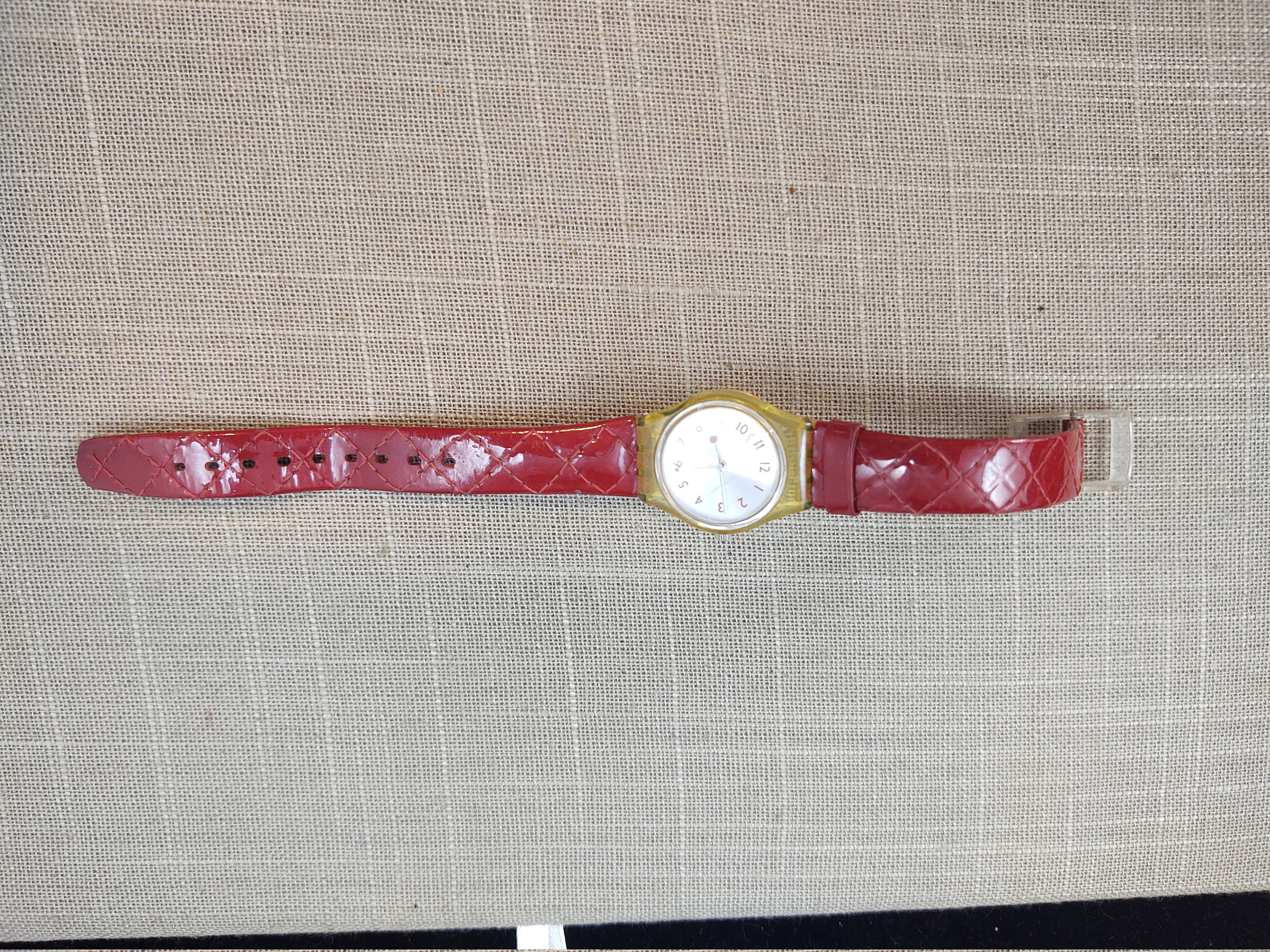 Red Ladies Swatch Watch, Clear Back, Silver Background, Red Numbers ...