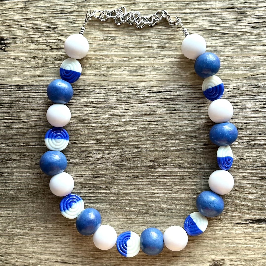 Royal Blue & White Ombre Necklace, Single Strand Jewelry, Big Beaded ...