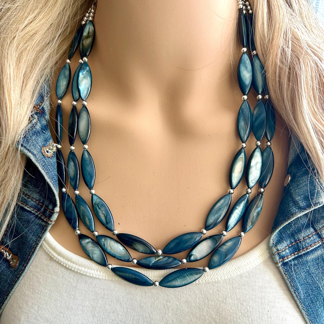 Chunky Multi Strand Blue Shell Statement Necklace, Deep Blue Oval ...