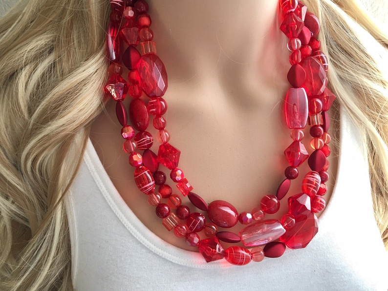 Red Necklace, Multi Strand Jewelry, Big Beaded Chunky Statement ...