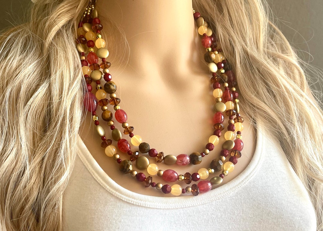 Chunky Fall Statement Necklace, Deep Red Mustard Gold Necklace, Triple ...