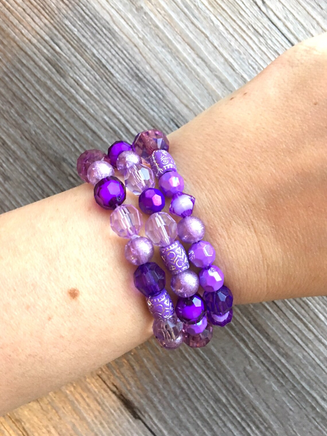 Purple Chunky Statement Necklace & Stretch Bracelet Set, Triple Strand ...
