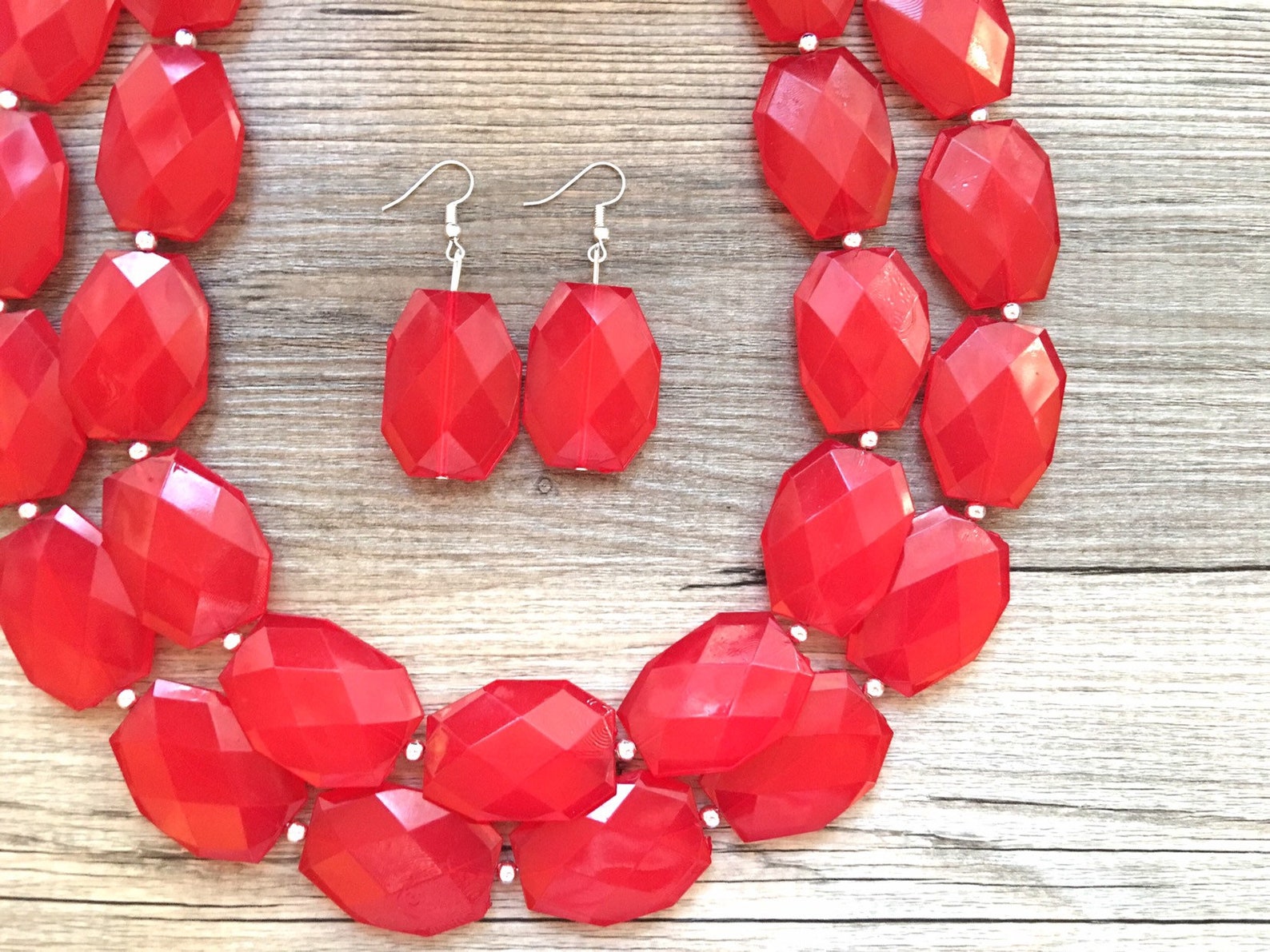 Cherry Red Chunky Necklace, Bright Red Jewelry Set, Big Beaded Chunky ...