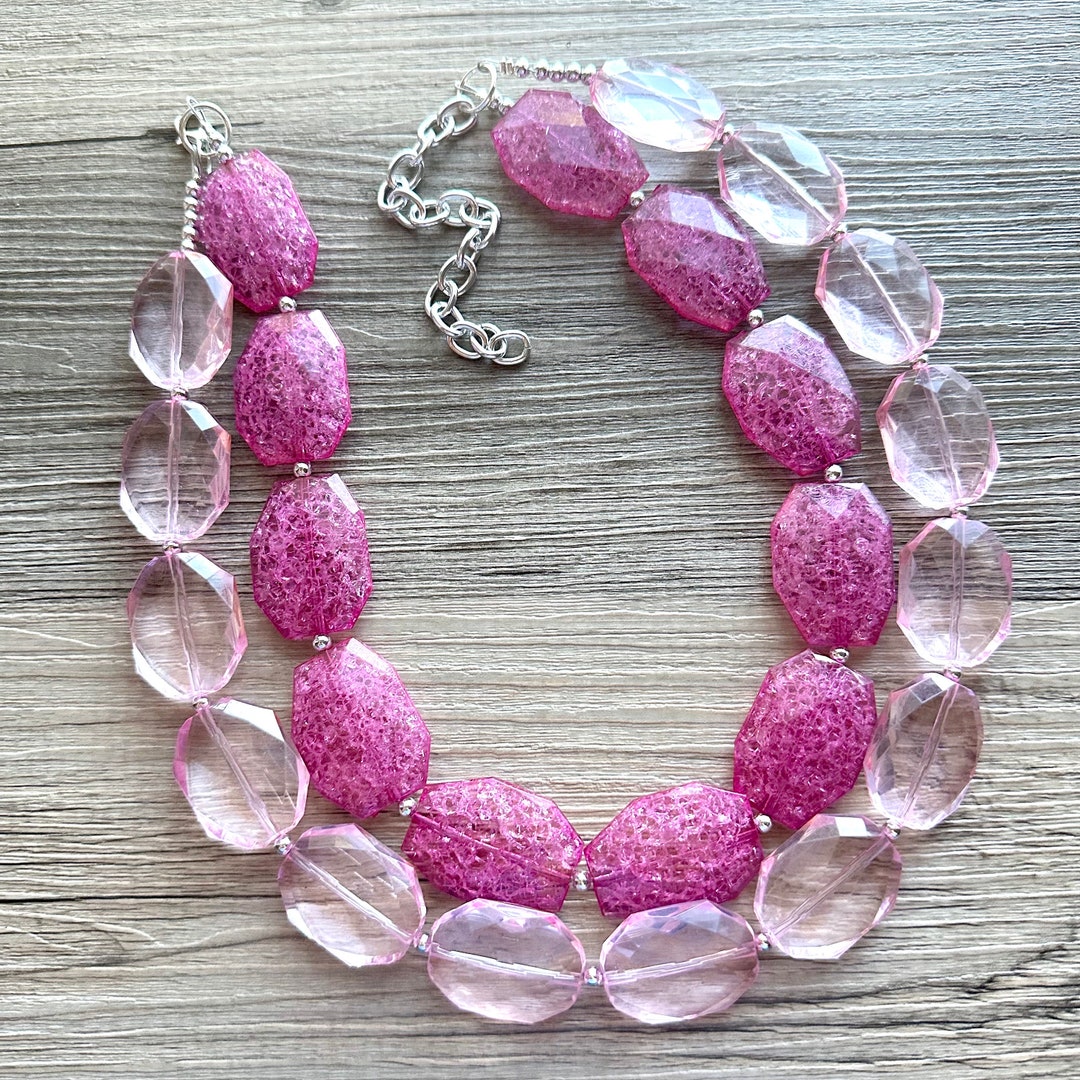 Pink on Pink Necklace, Double Strand Pink Jewelry, Big Beaded Chunky ...