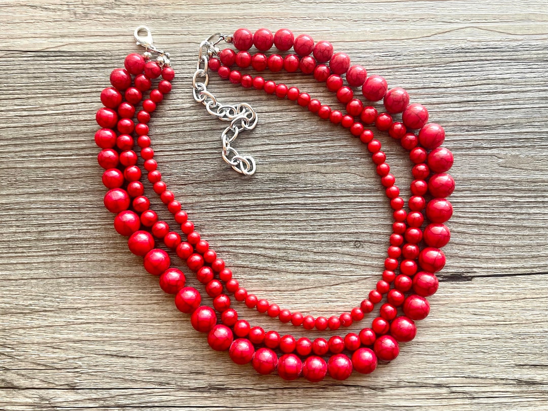Red Graduated Triple Strand Statement Necklace, Dark Red Big Beaded ...
